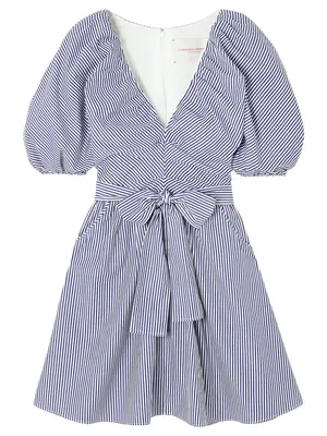 Carolina Herrera Belted Striped Cotton-poplin Mini Dress - Blue