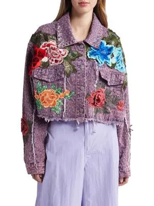 NIKKI LUND Bloom Floral Appliqué Denim Trucker Jacket - Purple