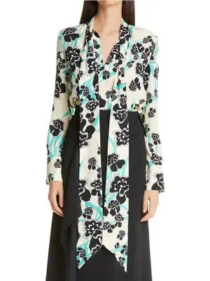 ST. JOHN Floral Print Tie-Neck Silk Blouse
