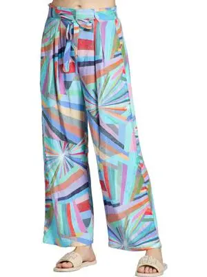 APNY Print Tie Waist Cropped Wide Leg Pants - Blue Multi