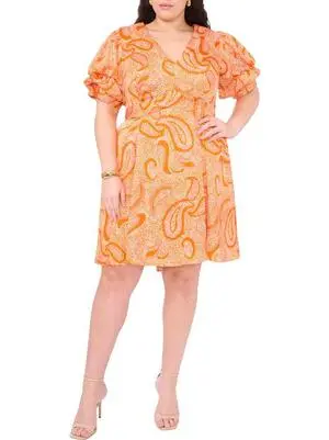 1.State Puff Sleeve Fit & Flare Printed Dress - Russet Orange