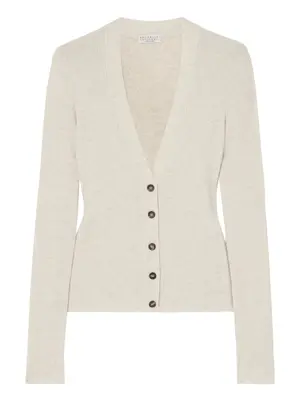 Brunello Cucinelli Brunello Cucinelli Metallic Ribbed-Knit Cardigan Gray