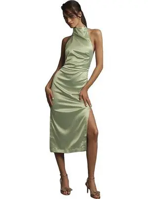 Bhldn Halter Stretch Satin Midi Dress - Moss