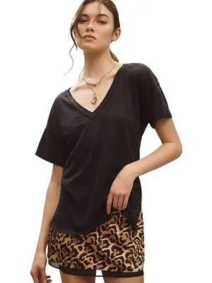 PILCRO Jordyn Cotton-slub V-neck Tee - Black Onyx