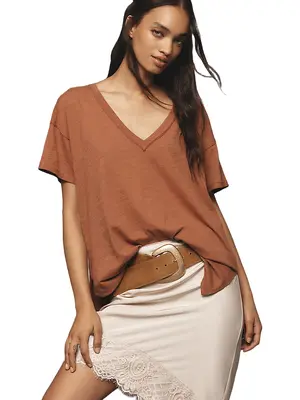 PILCRO Pilcro Jordyn Cotton-Slub V-Neck Tee Brown