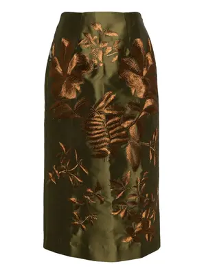 Biyan Floral-embroidered Satin Midi Skirt - Green