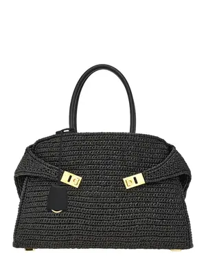 FERRAGAMO Medium The Hug Raffia Tote Bag - Black