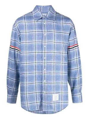 Thom Browne Rwb Stripe Checked Linen Shirt - Blue