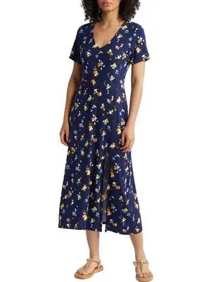 Loveappella Floral Print Midi Dress - Navy