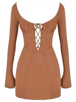 MISTRESS ROCKS Flared Sleeve Corset Mini Dress - Walnut