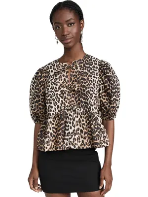 GANNI Printed Cotton Poplin Peplum Blouse - Leopard