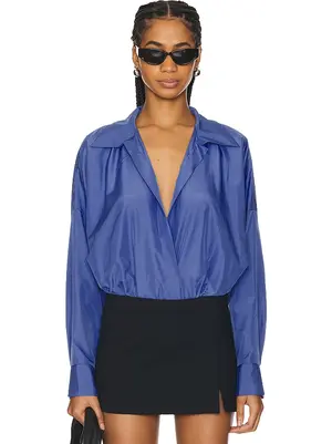 Norma Kamali Super Oversized Boyfriend Shirt Bodysuit Military Blue