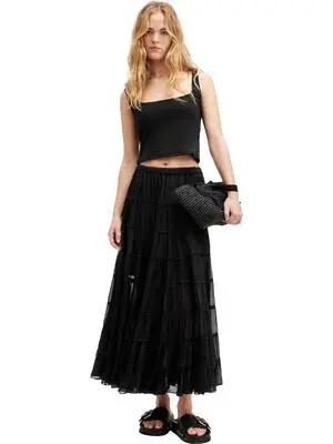ALLSAINTS AllSaints Eva Elasticated Waist Tiered Maxi Skirt Black