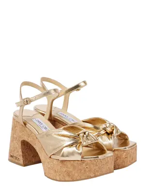 JIMMY CHOO Heloise 95 Metallic Leather Wedge Sandals - Gold