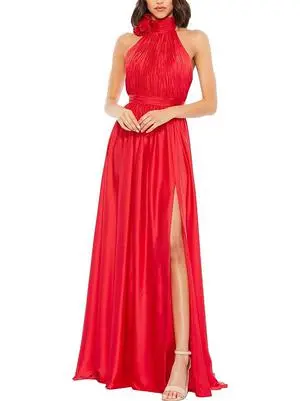 Mac Duggal Soft Tie Halter Neck Gown With High Slit - Cherry
