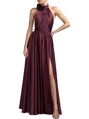 Mac Duggal Soft Tie Halter Neck High Slit Gown - Eggplant