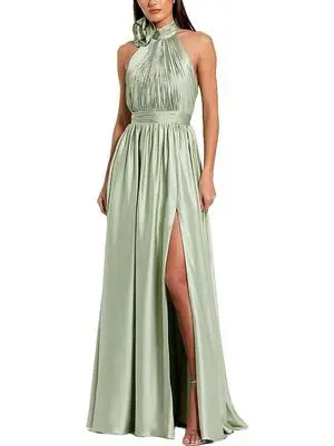 Mac Duggal Soft Tie Halter Neck High Slit Gown - Sage