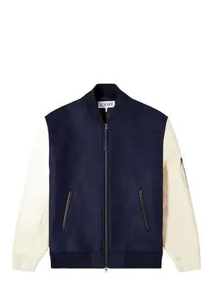 Loewe Leather Sleeve Bomber Jacket - Navy Blue/cream