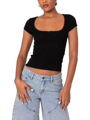 EDIKTED Priscilla Lace Trim T-shirt - Black