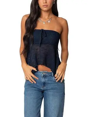 EDIKTED Embroidered Sheer Strapless Top - Navy