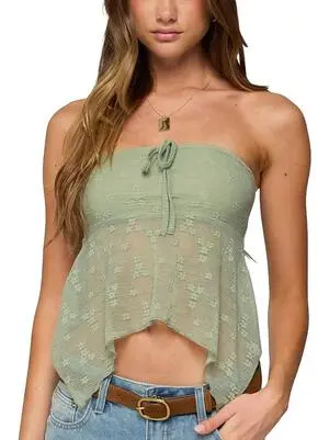 EDIKTED Embroidered Sheer Strapless Top - Sage