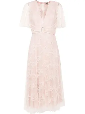 NISSA Lace-overlay Pleated Midi Dress - Pink