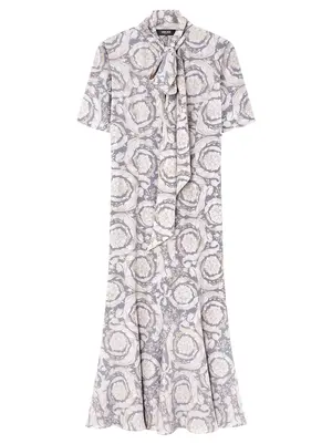 Versace Barocco Lavallière Silk Midi Dress - Grey