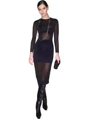 FLEUR DU MAL Mesh Long Sleeve Midi Dress - Black