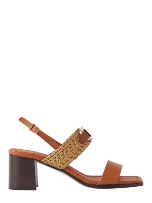 FERRAGAMO Lou Raffia-trimmed Leather Slingback Sandals - Brown