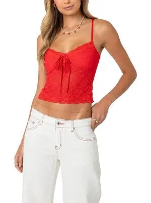 EDIKTED Cami Sheer Lace Tank Top - Red