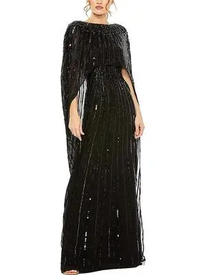 Mac Duggal Embellished Column Cape Gown - Black