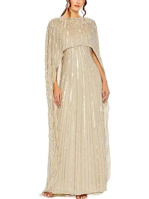 Mac Duggal Embellished Column Cape Gown - Champagne