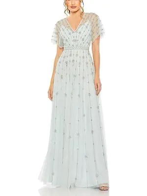 Mac Duggal V-neck Embellished Flutter-sleeve Gown - Mist