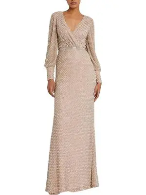 Mac Duggal Wrap-over Beaded Gown - Ivory Nude