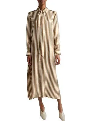 Max Mara Faesite Stripe Long Sleeve Silk Twill Shirtdress - Honey