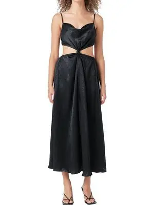 Endless Rose Front Twist Satin Midi Dress - Black