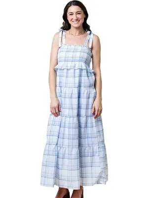 HOPE & HENRY Organic Smocked Tiered Dress - Classic Blue Tonal Plaid