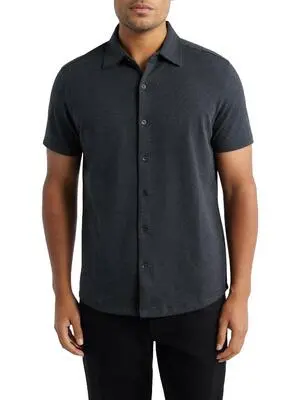 Robert Barakett Keyes Slim Fit Microprint Short Sleeve Knit Button-up Shirt - Black