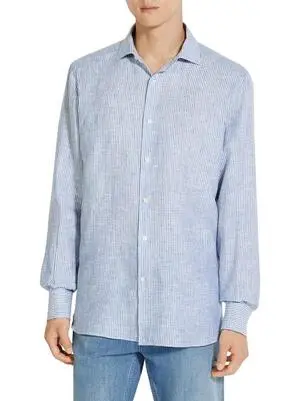 Zegna Stripe Oasi Linen Button-up Shirt - Dark Blue