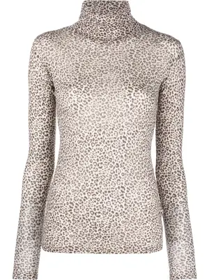 Saint Laurent Leopard Print Turtleneck Jumper - Brown