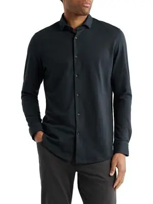 Stone Rose Solid Performance Piqué Button-up Shirt - Black