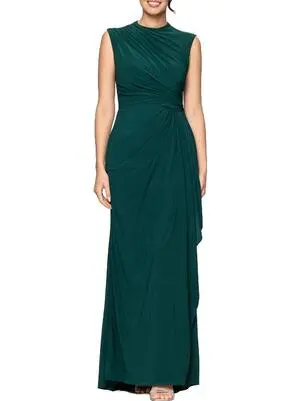 Betsy & Adam Ruched Sleeveless Gown - Forest