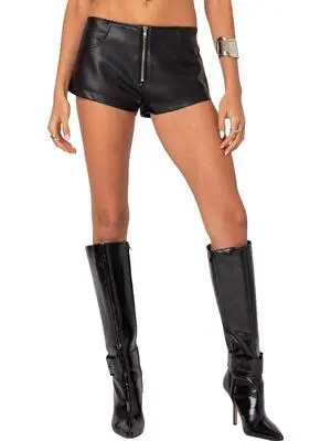 EDIKTED Faux Leather Zip-up Micro Shorts - Black