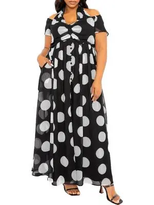 BUXOM COUTURE Polka Dot Halter Maxi Dress - Black White