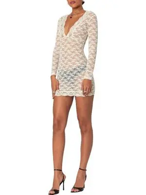 EDIKTED Beck Long Sleeve Sheer Lace Mini Dress - Cream
