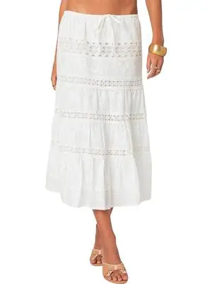 EDIKTED Eyelet Embroidery Cotton Midi Skirt - White
