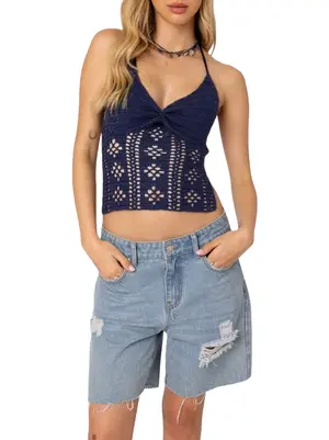 EDIKTED Jada Open Back Crochet Crop Top - Navy