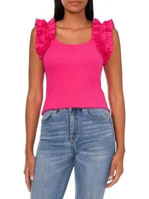 CECE DUPRAZ Ruffle Shoulder Rib Tank - Bright Rose
