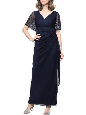 Alex Evenings Imitation Pearl & Rhinestone Embellished Gown - Navy