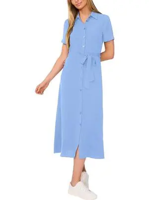 CECE DUPRAZ CeCe Tie Belt Button-Up Twill Gauze Midi Dress Blue Jay